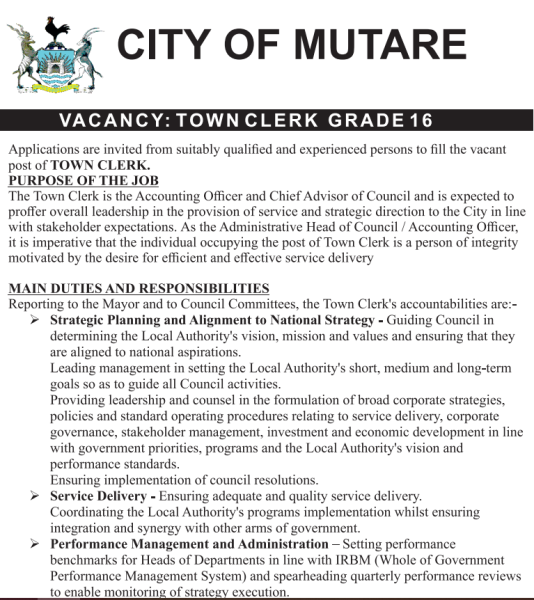 Town Clerk Position – Mutare City
