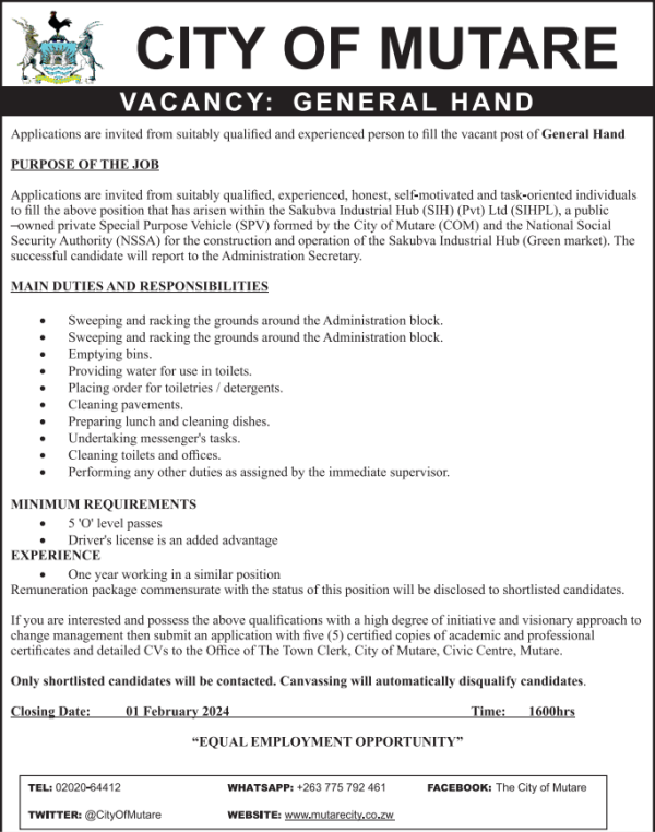 General Hand Vacancy – Mutare City