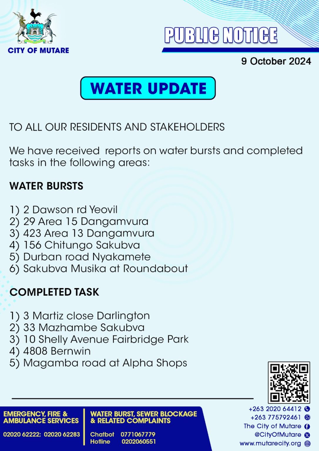 Water update 9 October 2024 - Mutare City