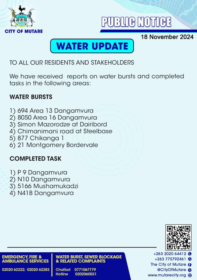 Water update 18 November 2024 – Mutare City