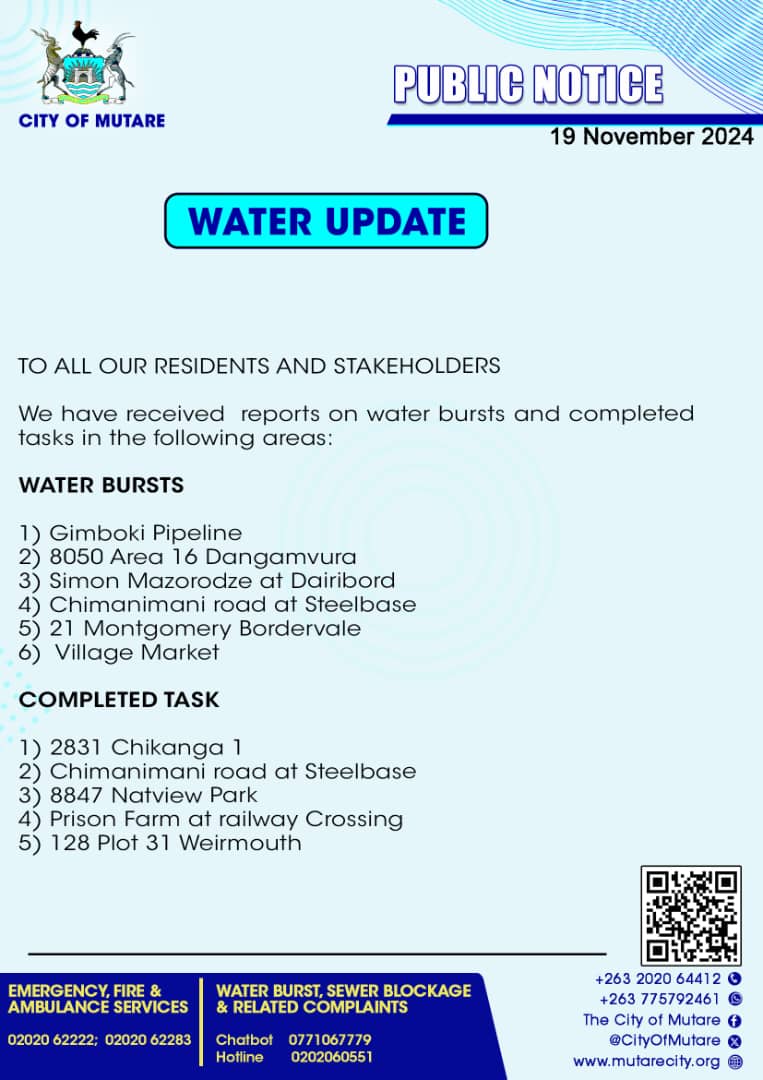 Water update 19 November 2024 - Mutare City