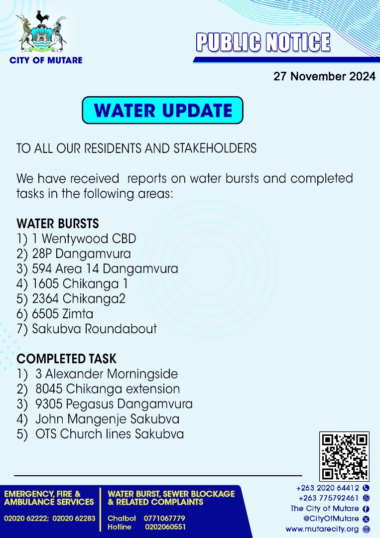 Water update 27 November 2024 - Mutare City