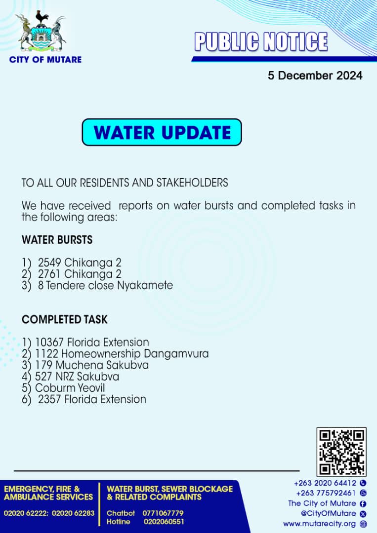 Water update 5 December 2024 - Mutare City