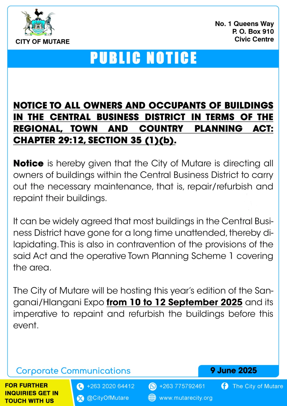 Notice on sprucing up of buildings in preparation for Sanganai/Hlanganani/Kumbanayi World ...